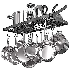 Vdomus Hanging Pot Rack, Wall Mounted Pots and Pans Holder 29.3 by 13 Inch | Kitchen Cookware Organizer for Pots and Pans Storage 15 Hooks, Ideal for Pans, Utensils, Cookware in Square Grid | Black