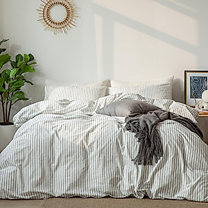 MooMee Striped Duvet Cover Set 100% Washed Cotton Linen Like Textured Breathable Durable Soft Comfy (White Dark Grey Wide Stripes, Queen)
