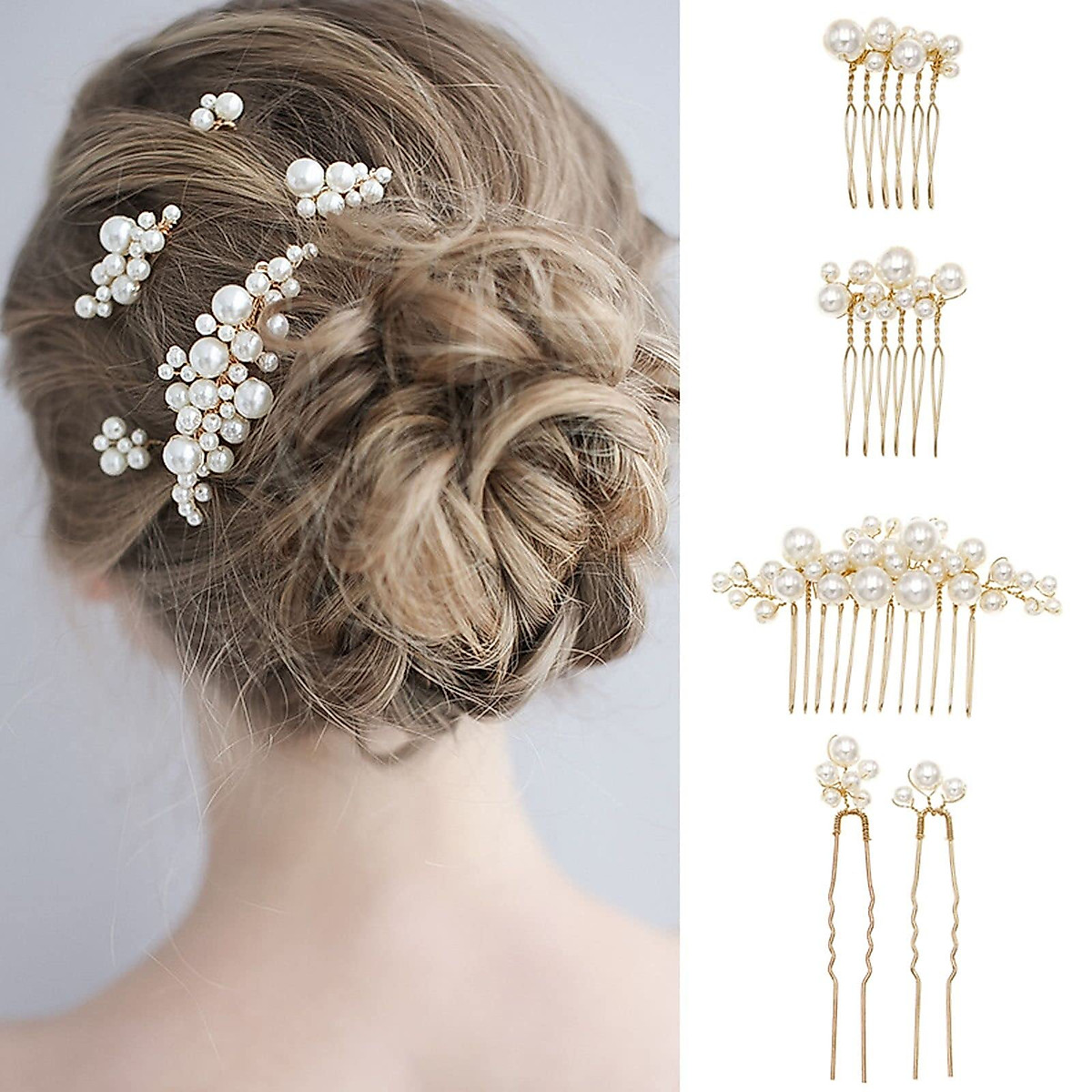 Sppry Wedding Pearl Hair Combs Set of 5 PCS - Elegant Hair Accessories for Bridal Women (Gold)