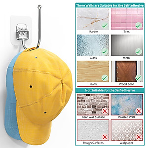 6 Pack Hat Racks for Baseball Caps Wall, Stainless Steel Hat Organizer for Baseball Caps, Hat Storage for Baseball Caps, Hat Hooks Hat Hanger Strong Adhesive/Wall Drilled for Door, Bedroom, Closet