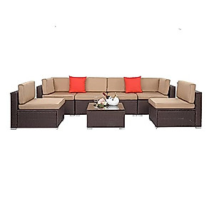 New Outdoor Courtyard Modular Furniture Set 7-Piece Rattan Sofa, Rattan Garden deep seat Dialogue Sofa with seat Cushion Tempered Glass Table