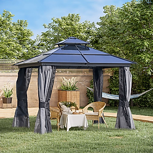 Outsunny 10' x 10' Hardtop Gazebo Canopy with Polycarbonate Roof, Aluminum Frame, Permanent Pavilion Outdoor Gazebo with Netting, for Patio, Garden, Backyard, Deck, Lawn, Gray