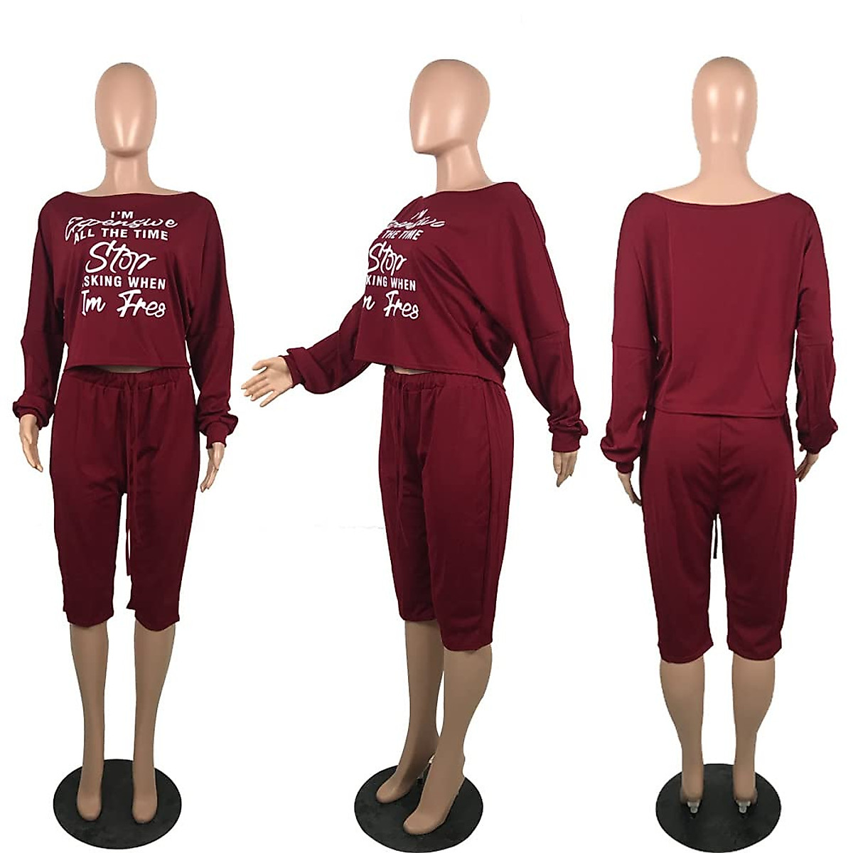 Plus Size Women’s Tracksuit Set 2 Piece Off One Shoulder Pullover Top Drawstring Capri Pants Sportswear Outfits Pajamas Wine Red-L