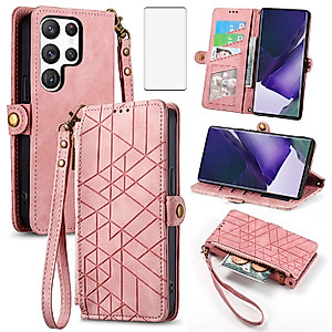 Asuwish Phone Case for Samsung Galaxy S22 Ultra 5G Wallet Cover with Tempered Glass Screen Protector and Flip Zipper Card Holder Stand Cell Accessories S22ultra 22S S 22 S22ultra5g 6.8 Women Men Pink