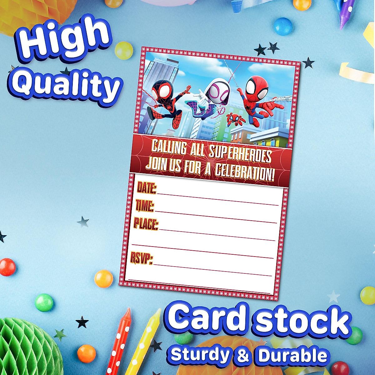 Set of 20 Spidey -Themed Happy Birthday Invitation Cards & Envelopes - Lightweight (240g), Postcard Style Invites for the Perfect Party Pack