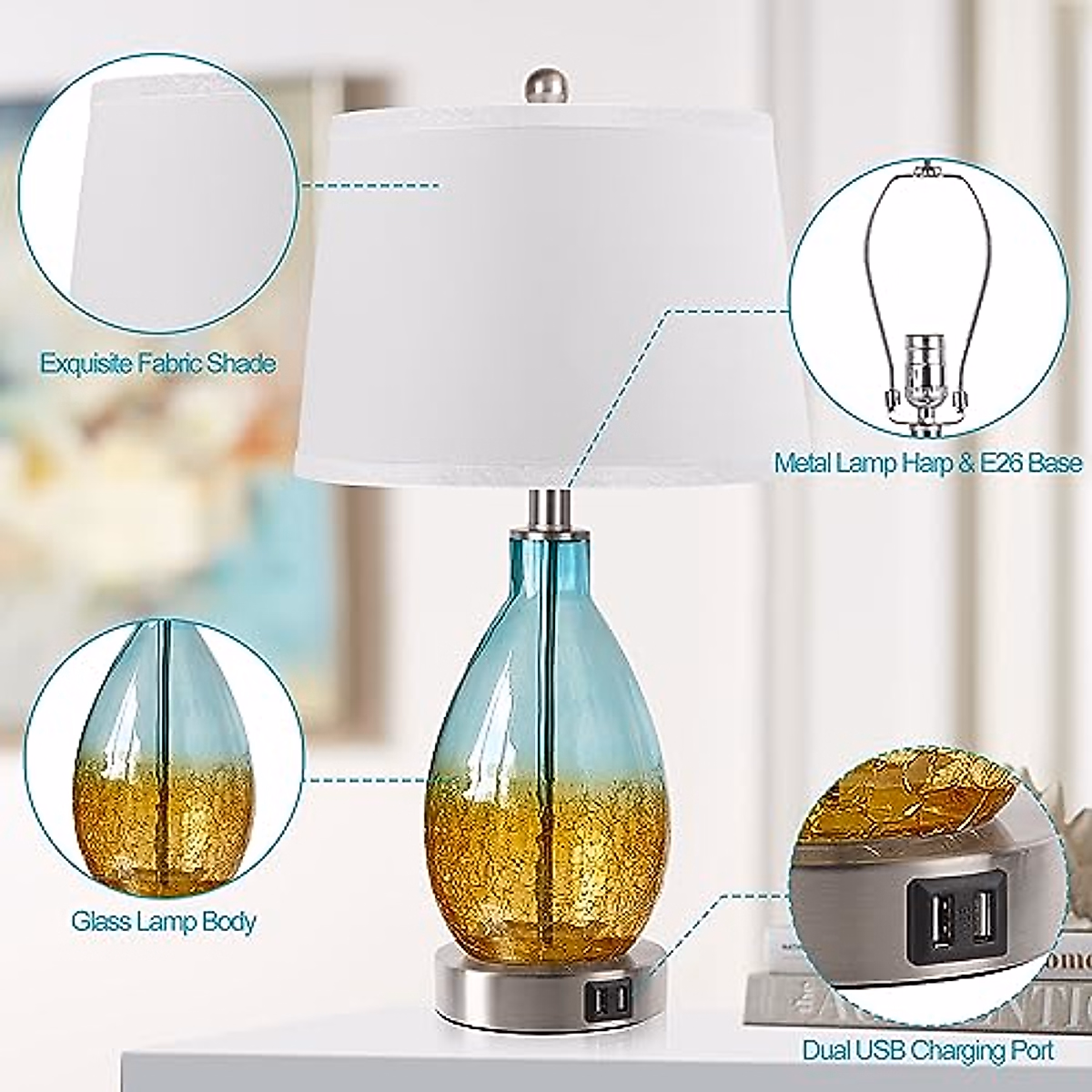 Table Lamps Set of 2, Modern Ombre Blue Glass Touch Control Bedroom Nightstand Lamp for Living Room with USB Ports, Coastal 3-Way Dimmable Bedside Table Lamp with White Shade (LED Bulbs Included)