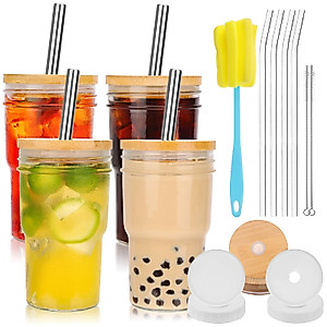 Moretoes 4pcs 16oz Glass Cups with Lids and Straws, Glass/Smoothie/Boba Cups, Reusable Glass Coffee Cups with Lids and Straw, Iced Coffee Cup