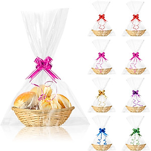 8 Pcs Empty Oval Bamboo Basket Food Storage Basket Fruit Basket Gift Baskets with 12 Pcs Colorful Pull Bow and 12 Pcs Clear Gift Bag for Fruit, Cookie, Bread, Kitchen, Restaurant, 9 x 7 x 3 inches