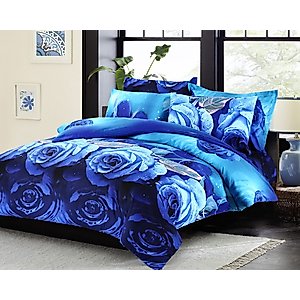 Swanson Beddings Blue Roses 3-Piece Bedding Set: Duvet Cover and Pillow Shams (California King)