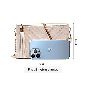 Hupifaz Quilted Crossbody Bag - Double Pouch Clutch Purses for Women, Formal Evening Clutch, Large Wristlet Bag with Pearls (Beige)