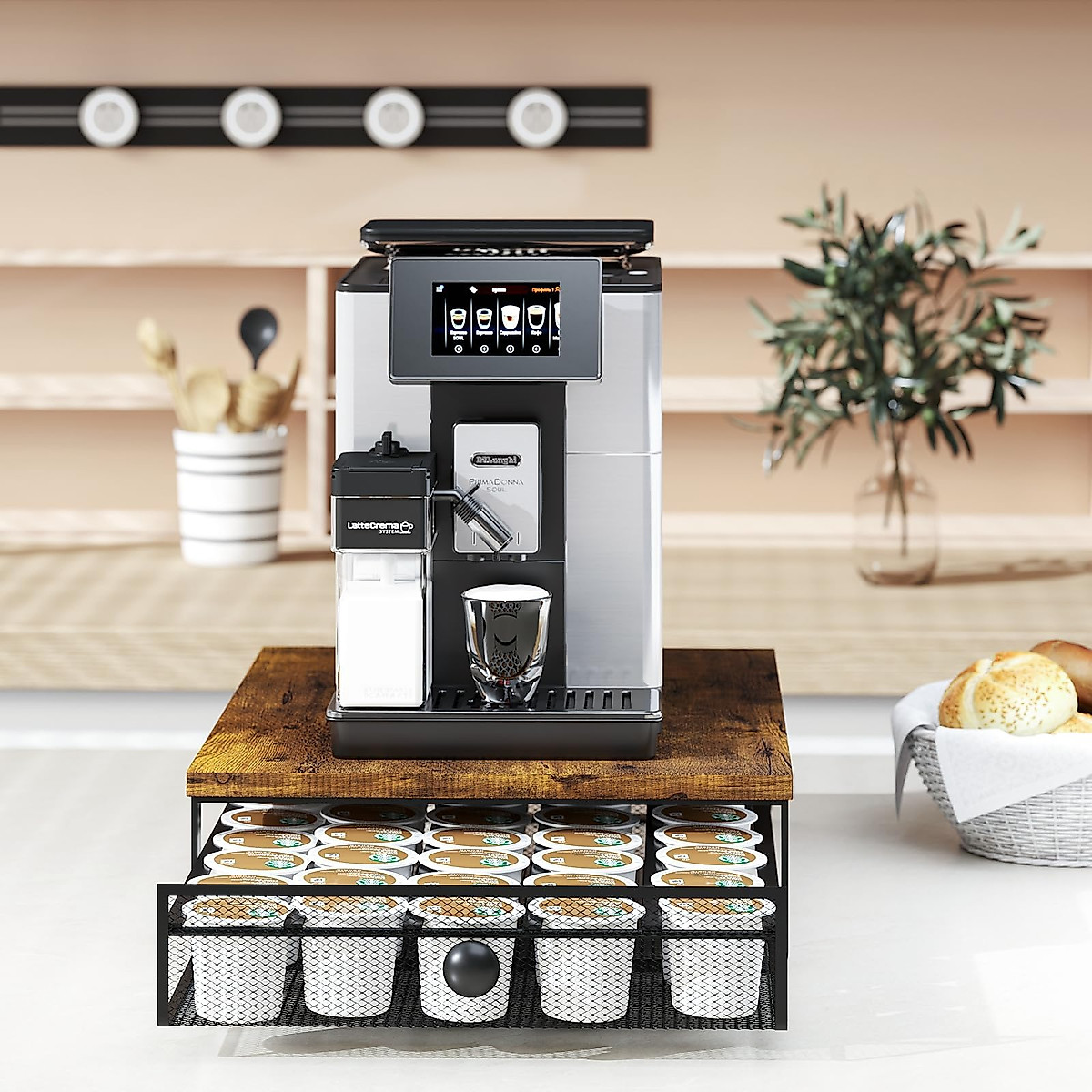 K Cup Organizer, Coffee Pod Holder Drawer, Under Brewer Storage Organizer with Sliding Drawer holds up to 35 K-Cup Pods, No Assembly Needed, Rustic Brown