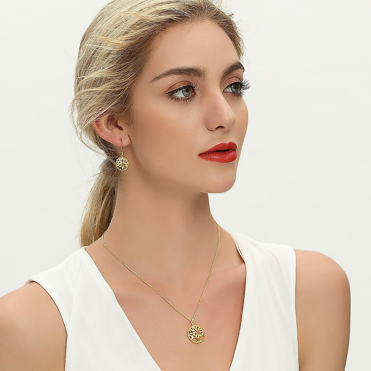 JO WISDOM 925 Sterling Silver Family Gold Tree of Life Drop & Dangle Leverback Earrings