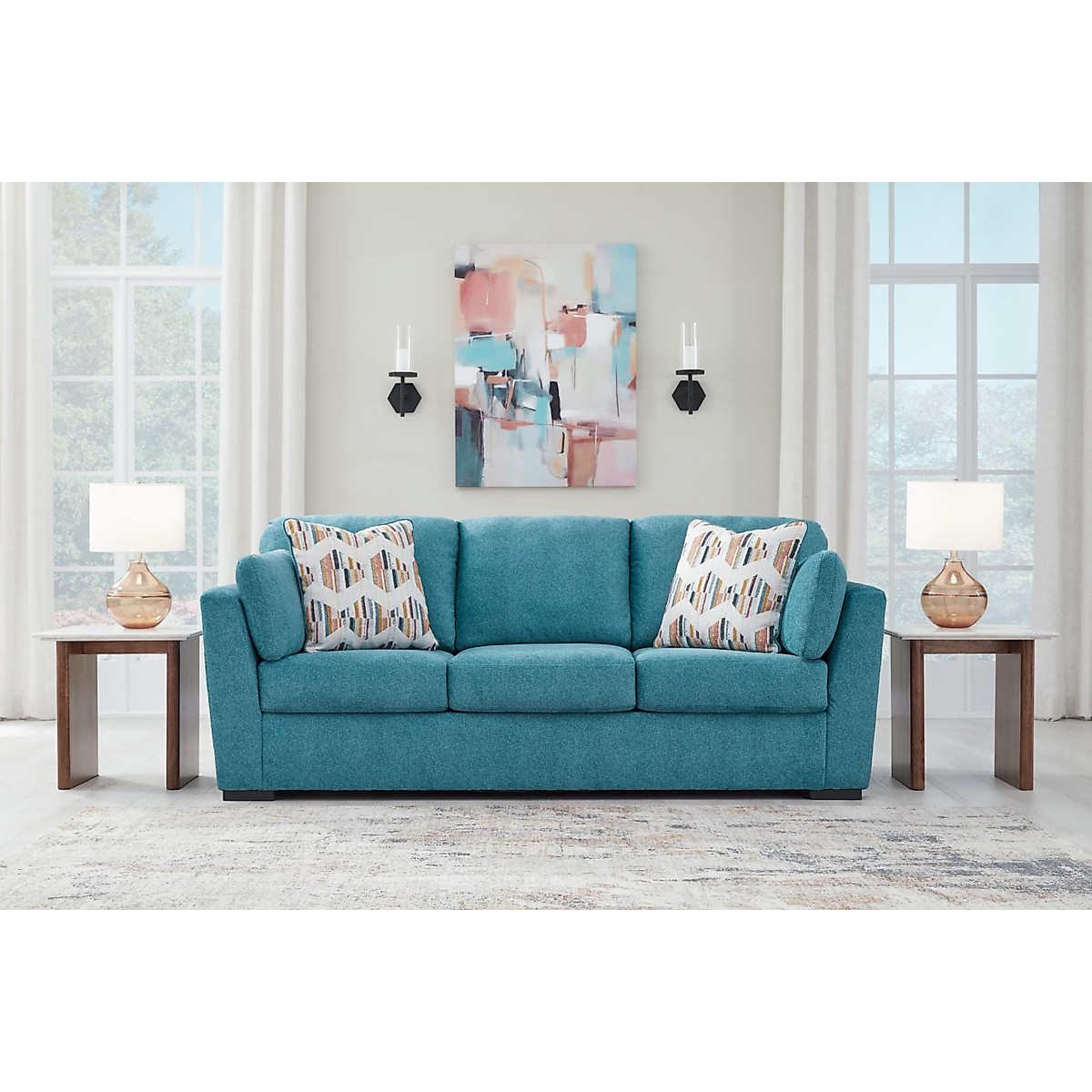 Signature Design by Ashley Keerwick Scandinavian Sofa with 4 Toss Pillows, Blue