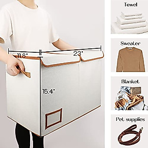 LoforHoney Home Large Storage Bin with Lid for Clothes, Foldable Laundry Basket with Durable Handles, Double Laundry Hamper with Divider, Fabric Storage Bin with Lid for Organizing, Beige