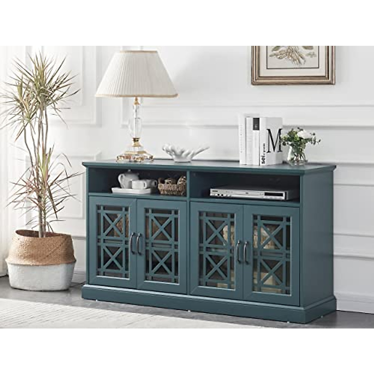 WTRAVEL Buffet Sideboard Kitchen Buffet Storage Cabinet, 4 Doors Storage Cabinet with Adjustable Shelves, Wood Console Table for Kitchen, Dining, Living Room, Dark Teal