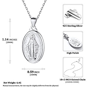 Nofade Silver Virgin Mary Necklace for Women Men 925 Sterling Silver Oval Pendant Necklace Catholic Religious Christian Jewelry