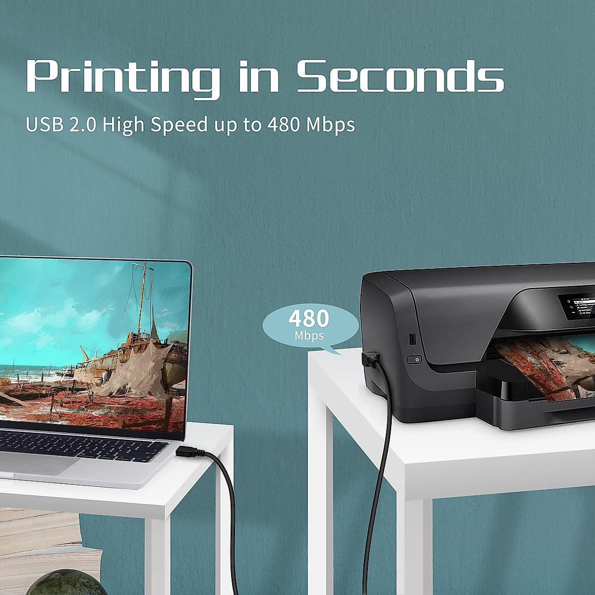 YACSEJAO USB Printer Cable 90 Degree USB 2.0 A Male to B Male Printer Scanner USB B Cable Cord with 480Mbps High Speed Printing, 1.5M(Right Angle)