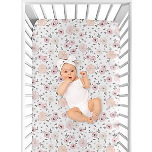 Sweet Jojo Designs Floral Girl Jersey Stretch Knit Baby Fitted Crib Sheet for Soft Toddler Bed Nursery - Blush Pink, Grey and White Boho Shabby Chic Rose Watercolor Flower