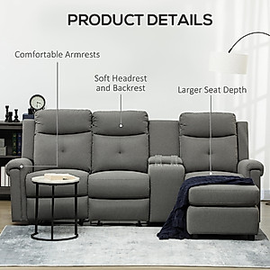 HOMCOM L-Shaped Sofa, Manual Reclining Sectional with Chaise Ottoman, Storage Console, Cup Holders, USB Charging, Gray