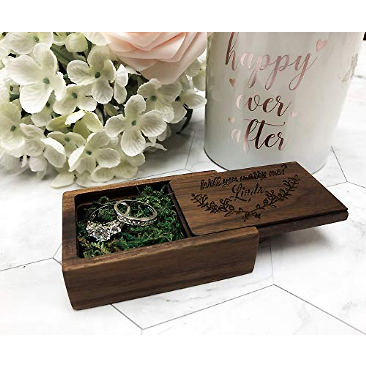 Wood Ring Box Engagement Proposal Wedding Ring Bearer Box Jewelry Storage Ring Holder (Slide Walnut Engrave)
