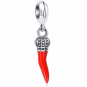 Red Italian Horn Charm Pendant, 925 Sterling Silver Italy Corno Chili Pepper Dangling Bead, Fit Pandora Style Bracelet Necklace, Lucky Gift for Valentines Day/Mum/Dad