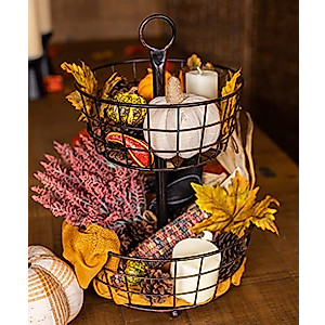 BirdRock Home 2 Tier Wire Fruit Basket Bowl - Round Metal Standing Storage Baskets - Vegetable Garlic Caddy Stand for Kitchen Counter - Freestanding Rustic Decorative Farmhouse Decor