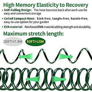Yereen Coil Garden Hose 50FT, EVA Recoil Garden Hose, Heavy Duty Curly Coiled Water Hose, Retractable Garden Hose with 7 Function Spray Nozzle Gun