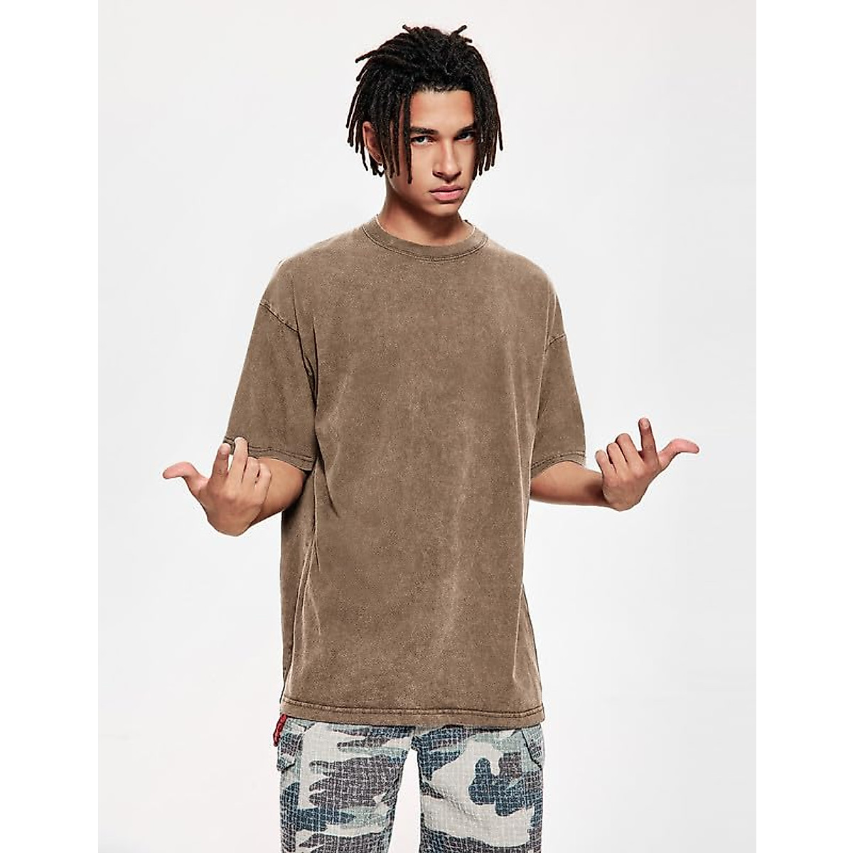 Vamtac Men's Cotton T-Shirts Oversized Half Short Sleeves Casual Loose Solid Streetwear Tee Tops Sand Small