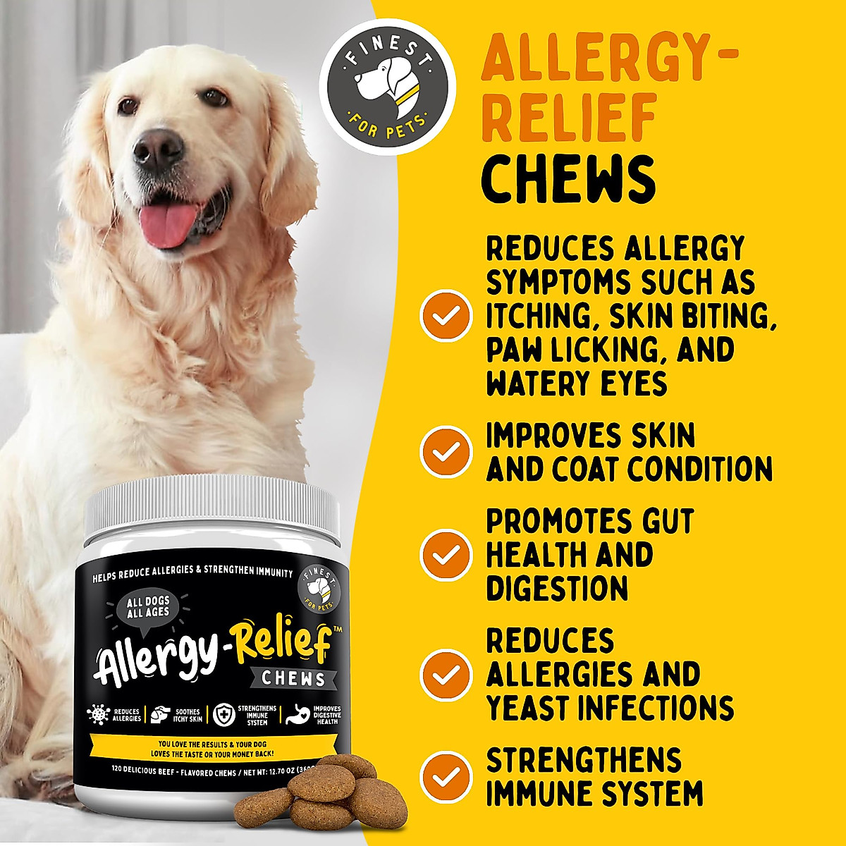 Dog Allergy Relief - Dog Allergy Chews Itch Relief, Seasonal Allergy Support for Itchy Skin, with Omega 3, Pumpkin & Probiotics (120 Soft Chews)