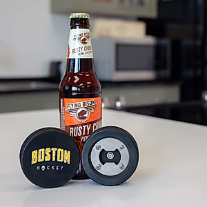 Boston Bottle Opener, Made from a Real Hockey Puck, Cap Catcher Magnet, Drink Coaster, Hockey City Design, The PuckOpener