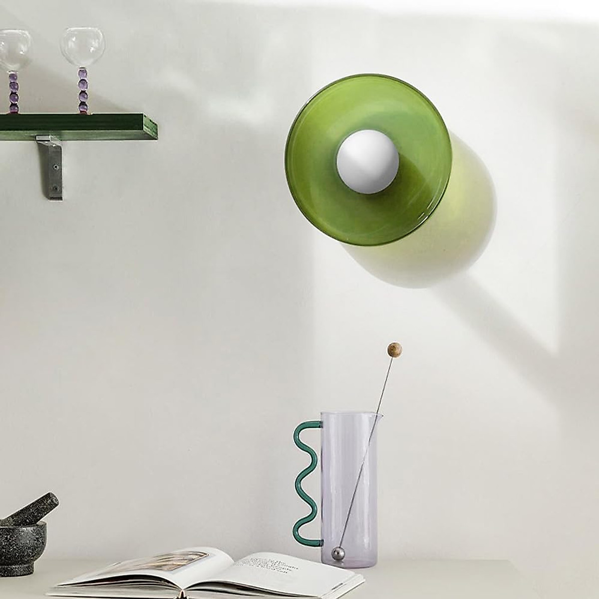 ACLBLK Mid Century Orange Glass Semi Flush Mount Ceiling Light with Milk Globe Nordic Modern Green Hallway Lighting Fixtures Round Bedside Wall Mount Lamp for Bedroom Cloakroom Stairway