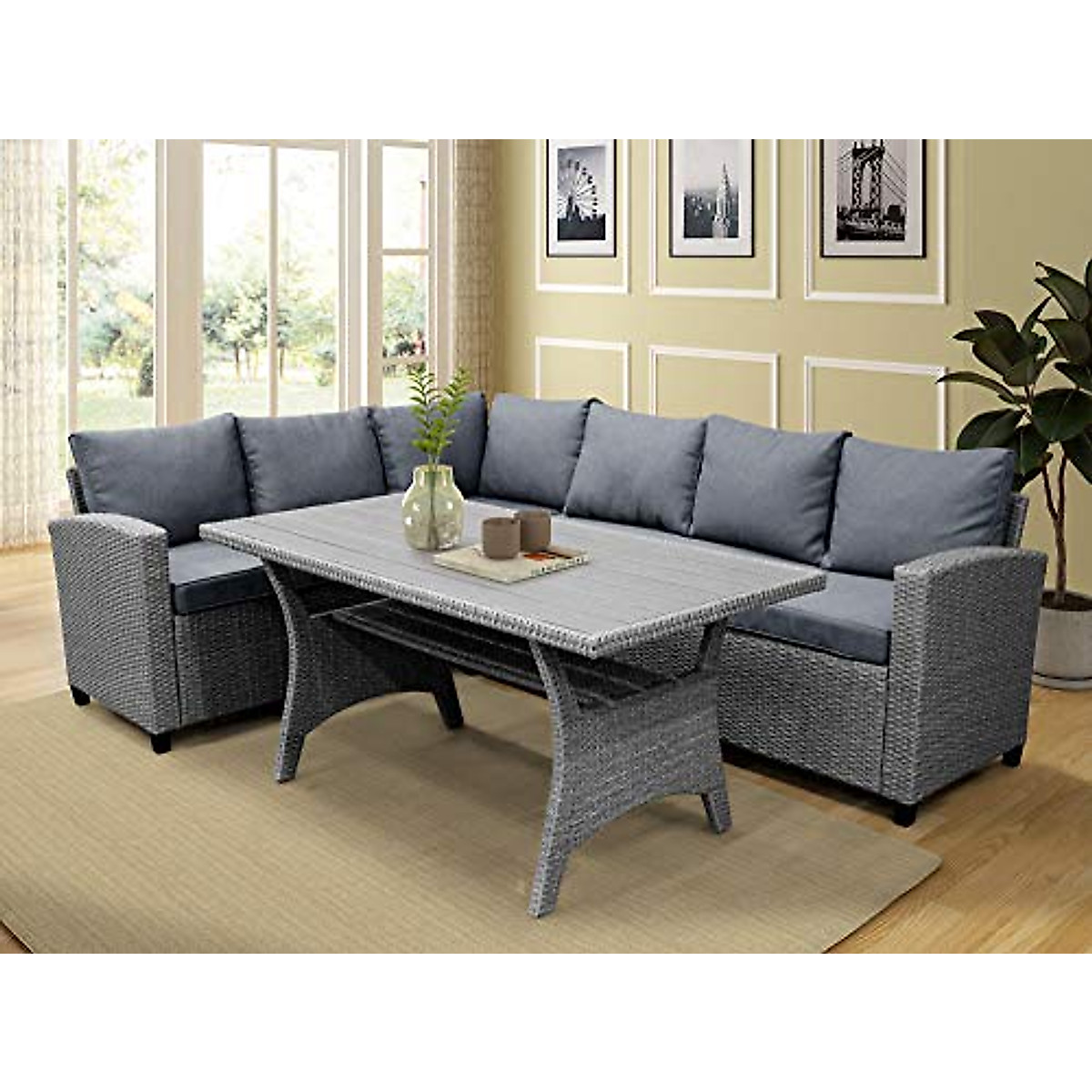 DHPM Patio PE Wicker Furniture Set Outdoor Brown Rattan Sectional Conversation Sofa Chair with Table & Soft Cushions, Gray