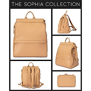 MIA + SOPHIA Leather Diaper Bag Backpack with USB Charging Port, Changing Pad, Stroller Straps, Bottle Holder (Brown Sophia)