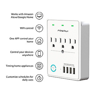 Smart Plug（2.4G Only）, USB Wall Charger, POWRUI WiFi Surge Protector with 4 USB Charging Ports(4.8A 24W Total) and 3 Smart Outlet Extender, Compatible with Alexa Google Assistant for Voice Control