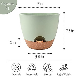 Giraffe Creation 9 inch Plant Pots 2-Pack, Self Watering Flower Pots Indoor Outdoor, Planters with Drainage Hole Saucer Reservoir, Green Brown