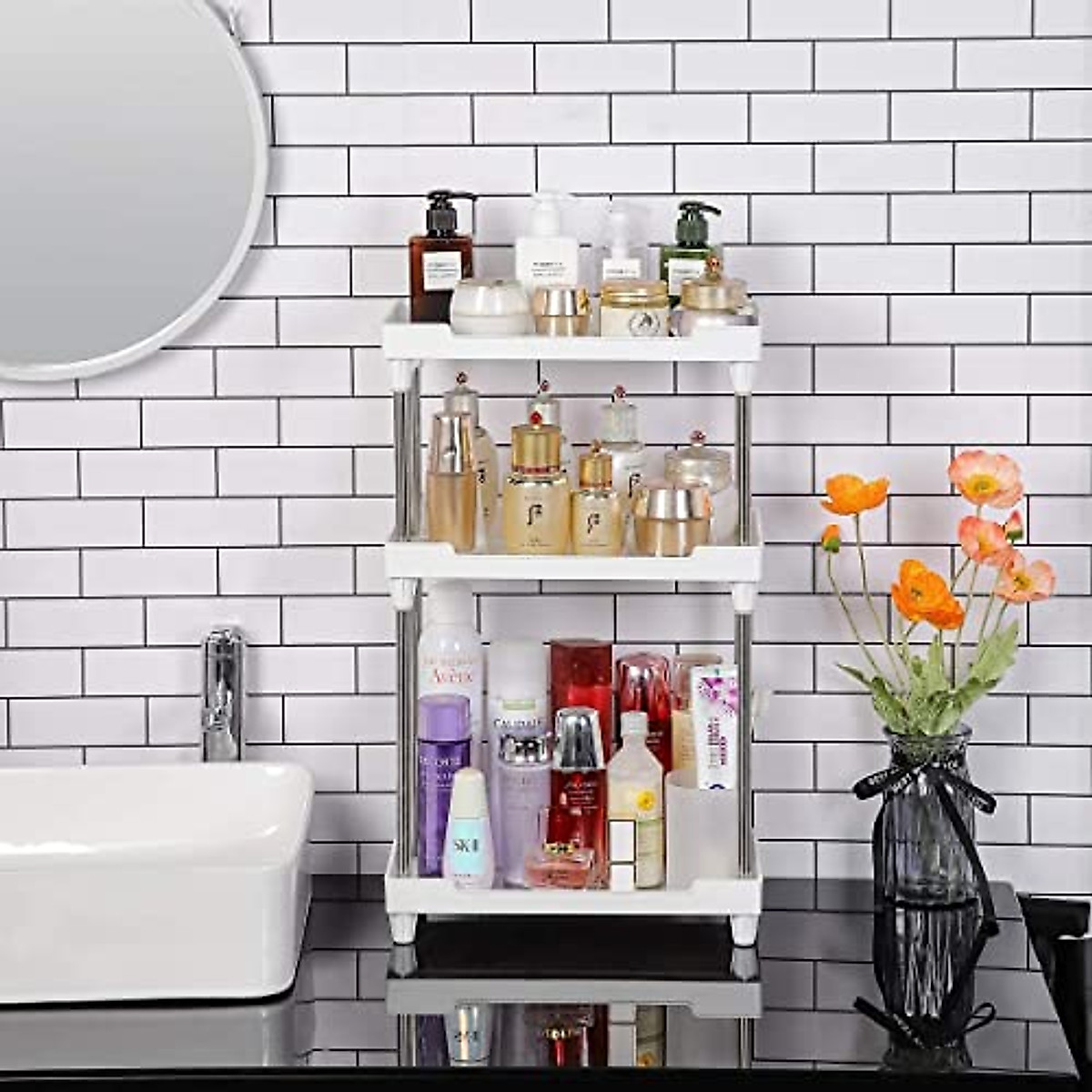 Hpenp 3-Tier Bathroom Countertop Organizer-Vanity Tray Cosmetic Skincare Makeup Storage-Kitchen Spice Rack Standing Shelf (White)