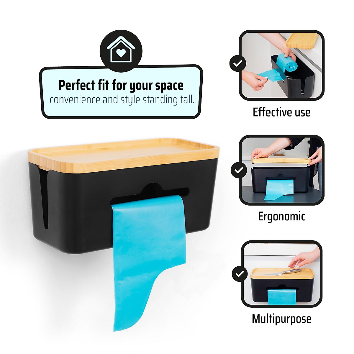 BAGSWAY Trash Bag Holder with Wooden Lid - Wall-Mounted Bag Dispenser with Metal Hook & Sticker to Hang - Versatile Organization for Countertop - Trash Bag Dispenser for Clean and Tidy Spaces