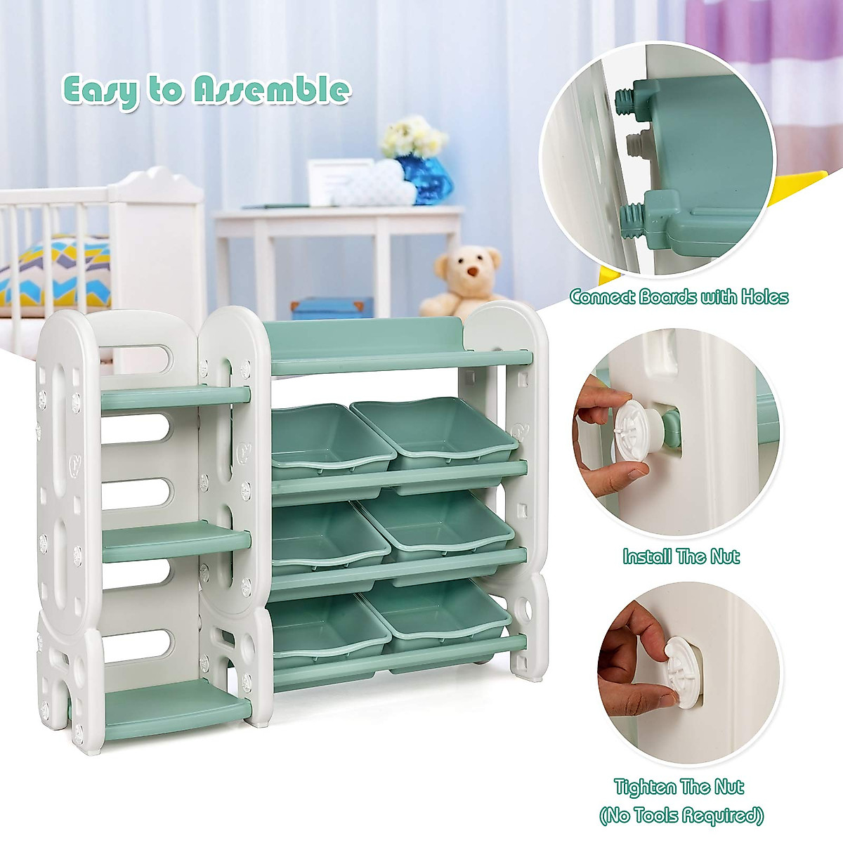 HONEY JOY 4-Tier Kids Toy Storage Organizer with 6 Bins, 2-in-1 Toy Storage Unit with Corner Bookshelf and Removable Toy Box, Toddler Furniture for Playroom Daycare (Green)