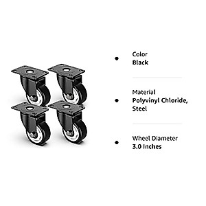 3 inch Swivel Caster Wheels, Heavy Duty Plate Casters with no Brakes Total Capacity 1000lbs (Pack of 4)