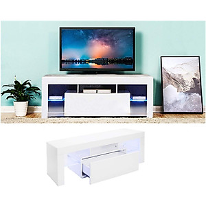 MTFY Modern TV Stand with LED Light, Entertainment TV Stand Cabinet with Single Drawer, Television Table Center Furniture for Living Room Bedroom, for 52'' TV, White