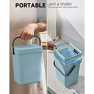 MONGTINGLU 1.3 Gallon Small Trash Can with Lid - Countertop Food Waste Bin, Kitchen Hanging Trash Can for Cabinet Door/Under Sink, Small Garbage Can for Desk, 5L(Subtle Blue)