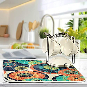 Japanese Theme Umbrella Dish Drying Mat 16"x18" Absorbent Machine Washable Hanging Fast Dry Pad Dish Protective Mat for Kitchen Countertop Heat Resistant Dinner Table Mat