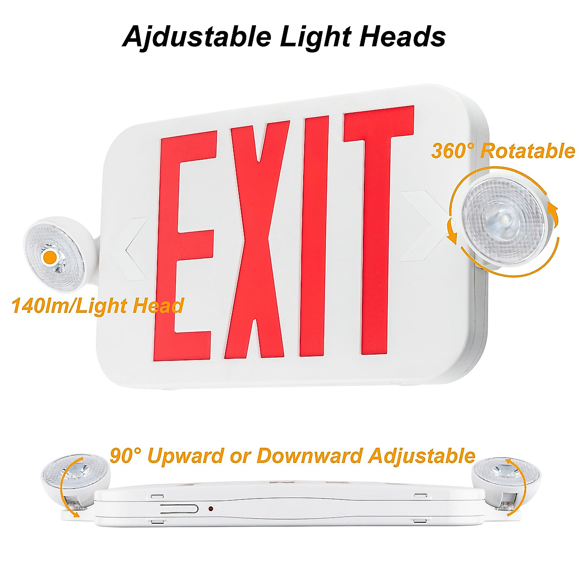 LIT-PaTH LED Combo EXIT Sign with 2 Adjustable Head Lights and Back Up Batteries- US Standard Red Letter Emergency Exit Lighting, UL 924 and CEC Qualified, 120-277 Voltage, 4-Pack