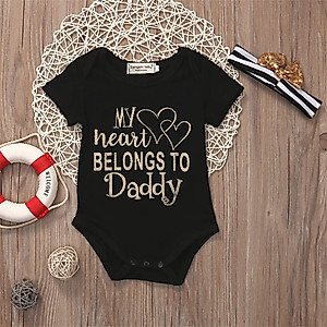 Infant Baby Girls Daddys Letter Playsuit Romper Bodysuit Short Sleeve Shirt (My Heart Belongs to Daddy-Black, 3-6 Months)