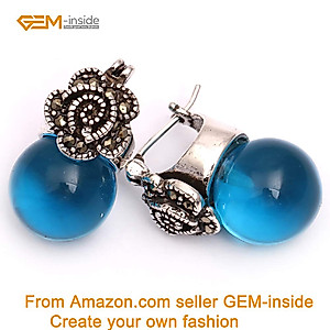 GEM-Inside 12mm Blue Crystal Earrings Round Ball Gemstone Beads Cute Tibetan Silver Marcasite Leverback Jewelry Accessory for Woman