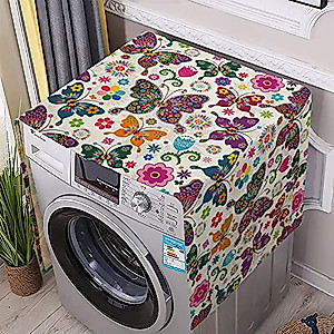 Butterfly Colorful Pattern Washing Machine Dryer Top Cover Refrigerator Fridge Dust-Proof Cover with Storage Pockets Bags Sunscreen Cover Kitchen Christmas Decor
