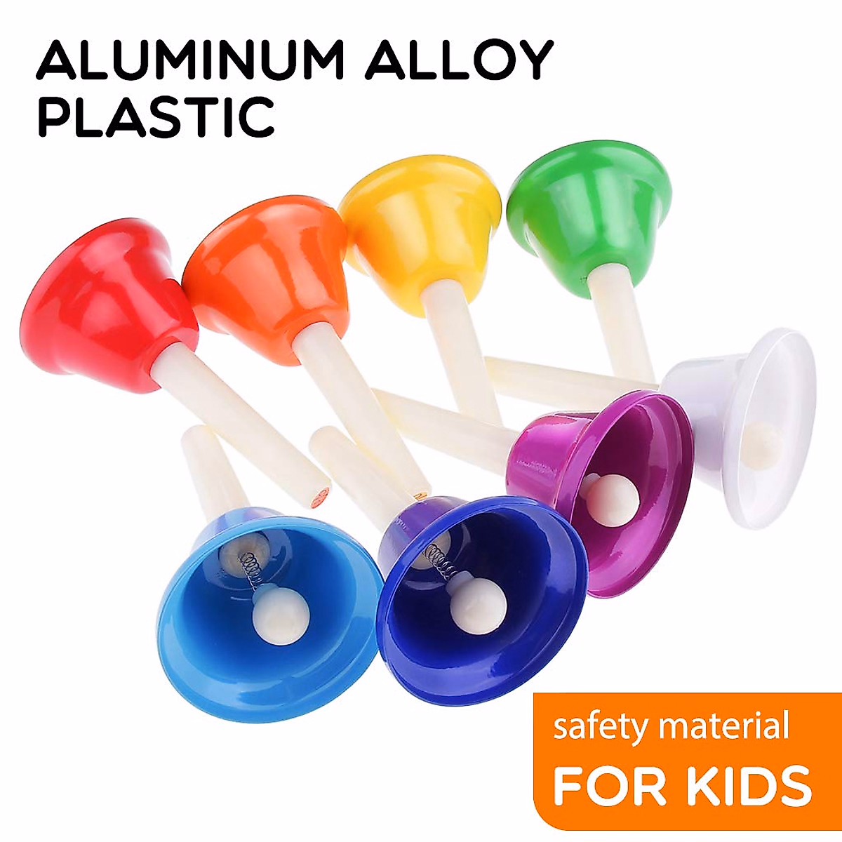 Alnicov Music Hand Bell Rhythm Band Beginners Play Hand Bells,8 Sound,8 Color Musical Bell for Senior,Teacher,Desk Bell Metal Hand Bells Set (one set of 8 notes)