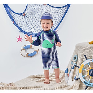 Toddler Boy Swimsuit 6-12 Months Baby Boys One Piece Sunsuit with Sun Hat Long Sleeve Whale Zip Bathing Suit Green Swimwear