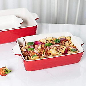 Krokori Casserole Dishes for Oven, Baking Dishes Lasagna Pan Ceramic Baking Pan Deep Glaze Bakeware for Cooking, Kitchen, Cake Dinner, Banquet and Daily Use, 3PCS (11.6 x 7.8 Inches, Red)