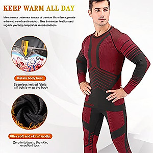 MeetHoo Men's Thermal Underwear Set Seamless Compression Base Layer Winter Gear Sports Long Johns Bottoms, Red, Large